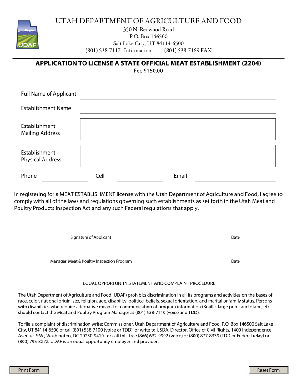 Utah Application to License a State Official Meat Establishment (2204 ...