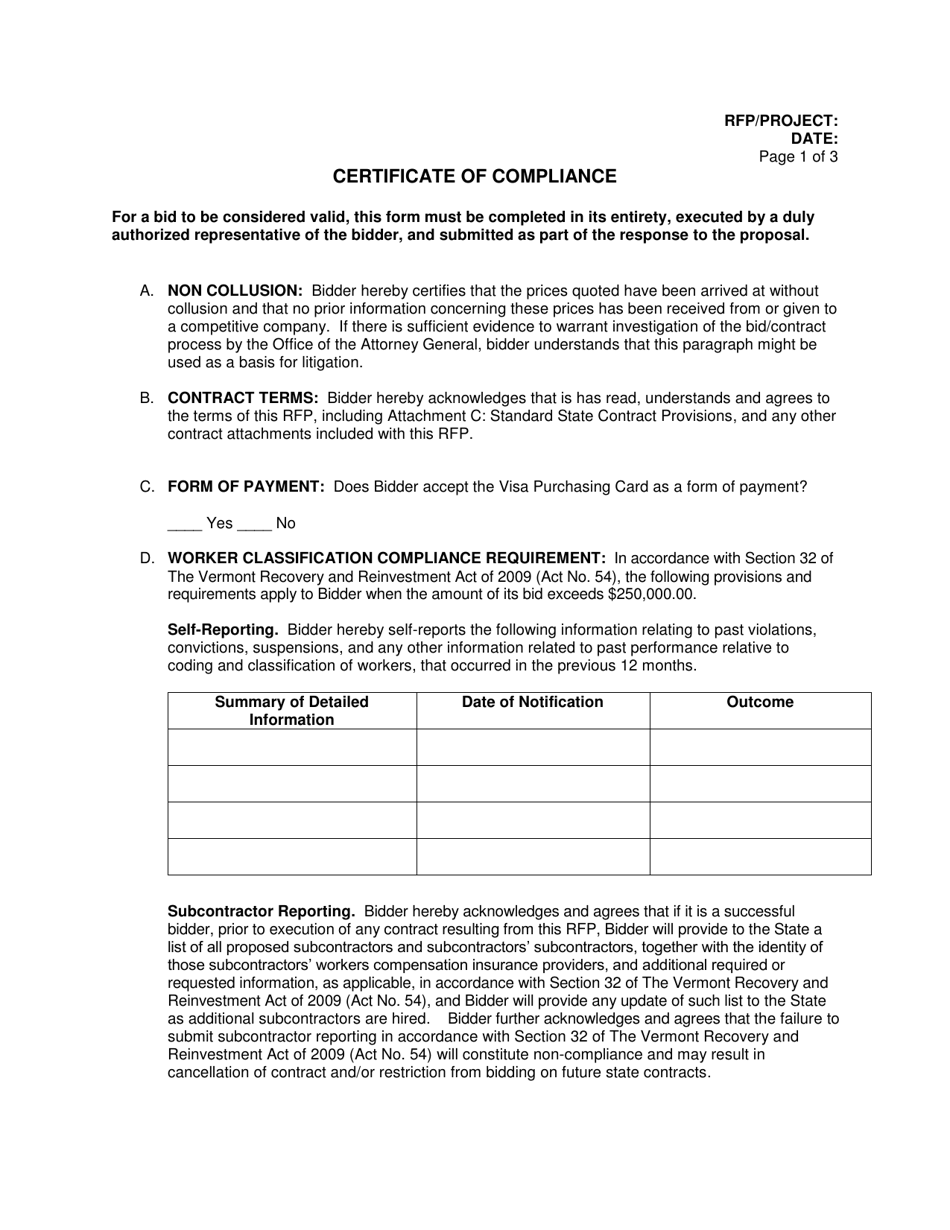 Vermont Certificate of Compliance - Fill Out, Sign Online and Download ...