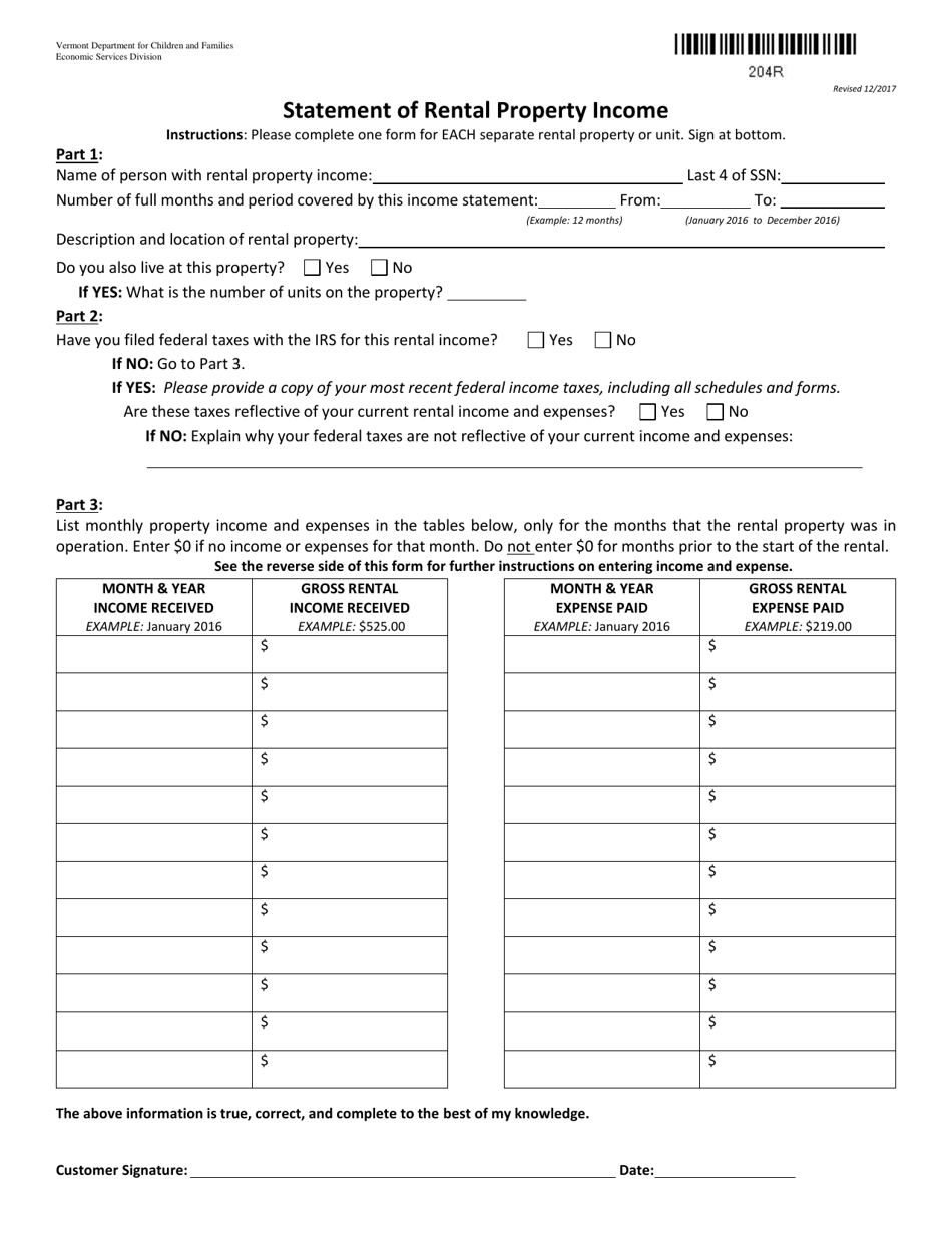 Form 204R - Fill Out, Sign Online and Download Fillable PDF, Vermont ...