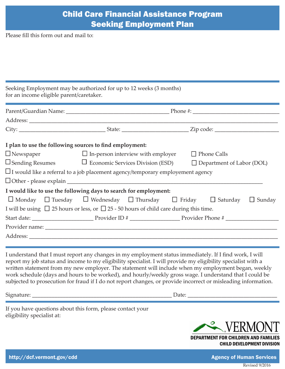 Vermont Seeking Employment Plan - Child Care Financial Assistance ...