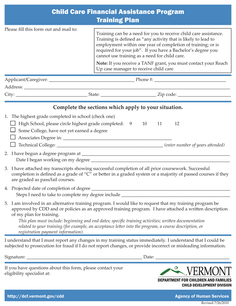 Vermont Training Plan Form - Child Care Financial Assistance Program ...