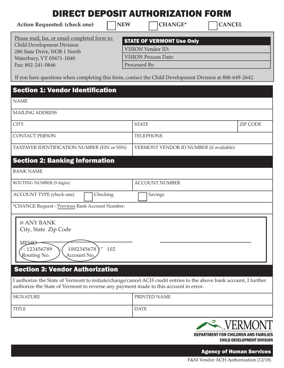 Vermont Direct Deposit Authorization Form Download Printable PDF 