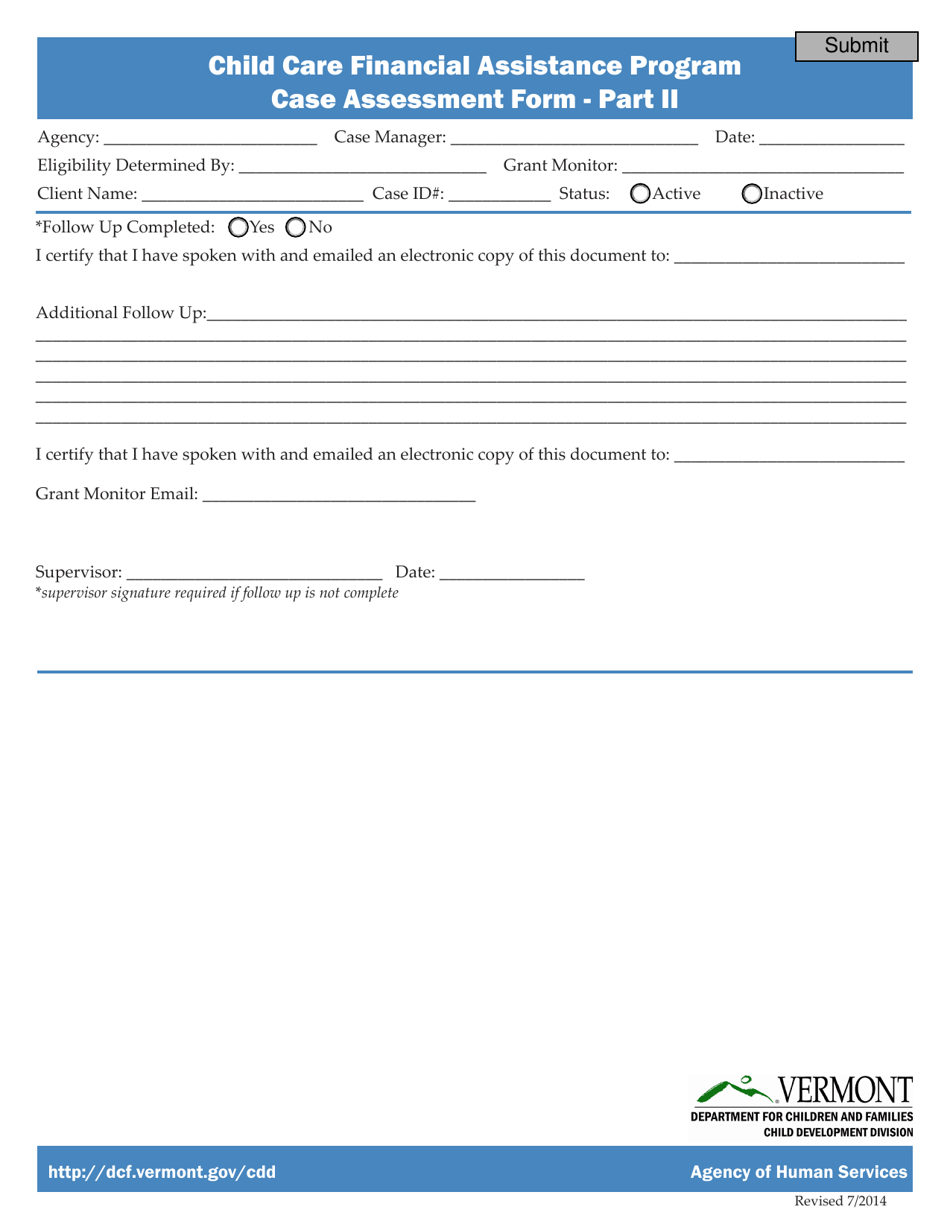 Vermont Case Assessment Form - Part II - Child Care Financial ...