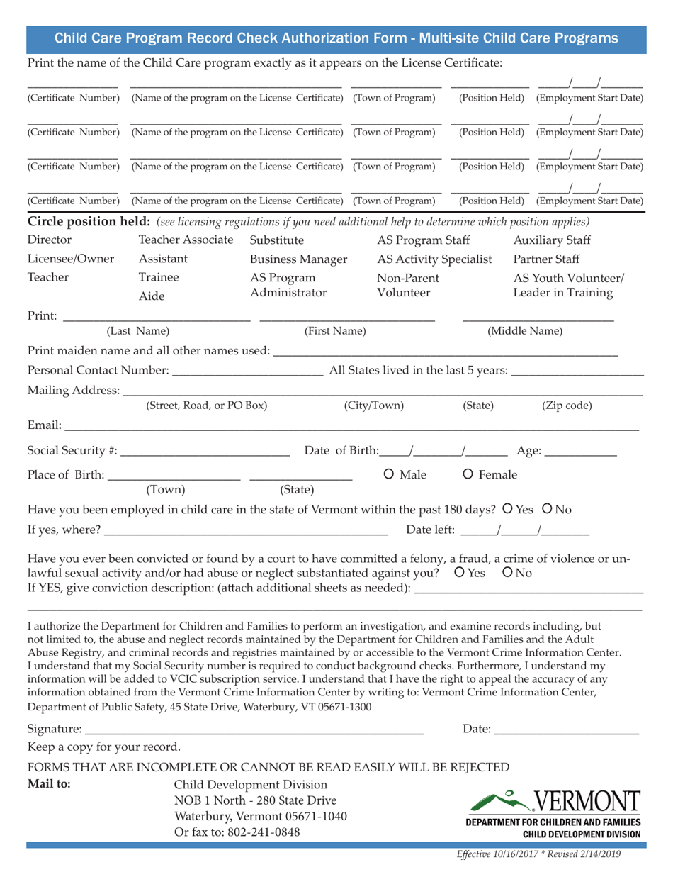 Vermont Child Care Program Record Check Authorization Form - Multi-Site ...