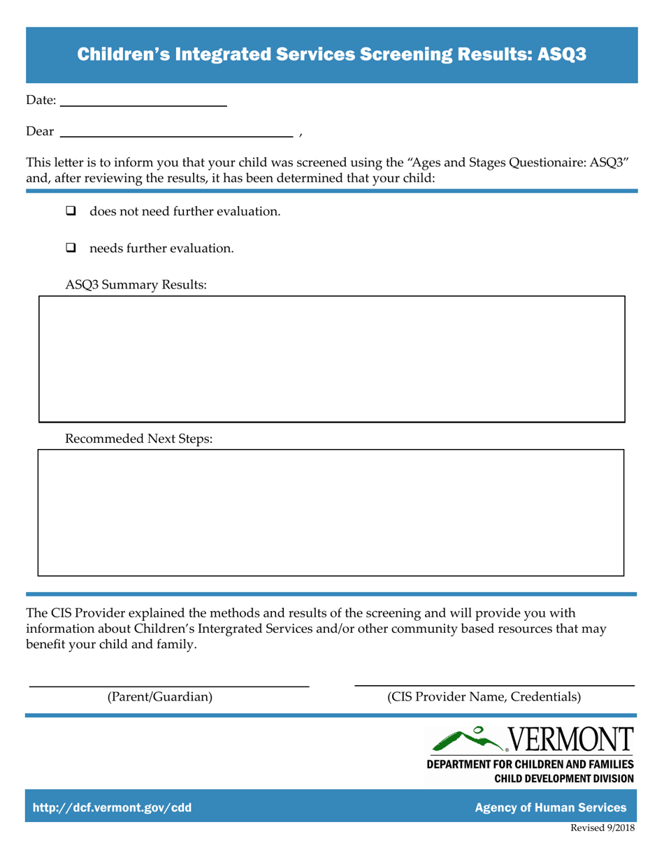 Vermont Children's Integrated Services Asq3 Screening Results Form ...