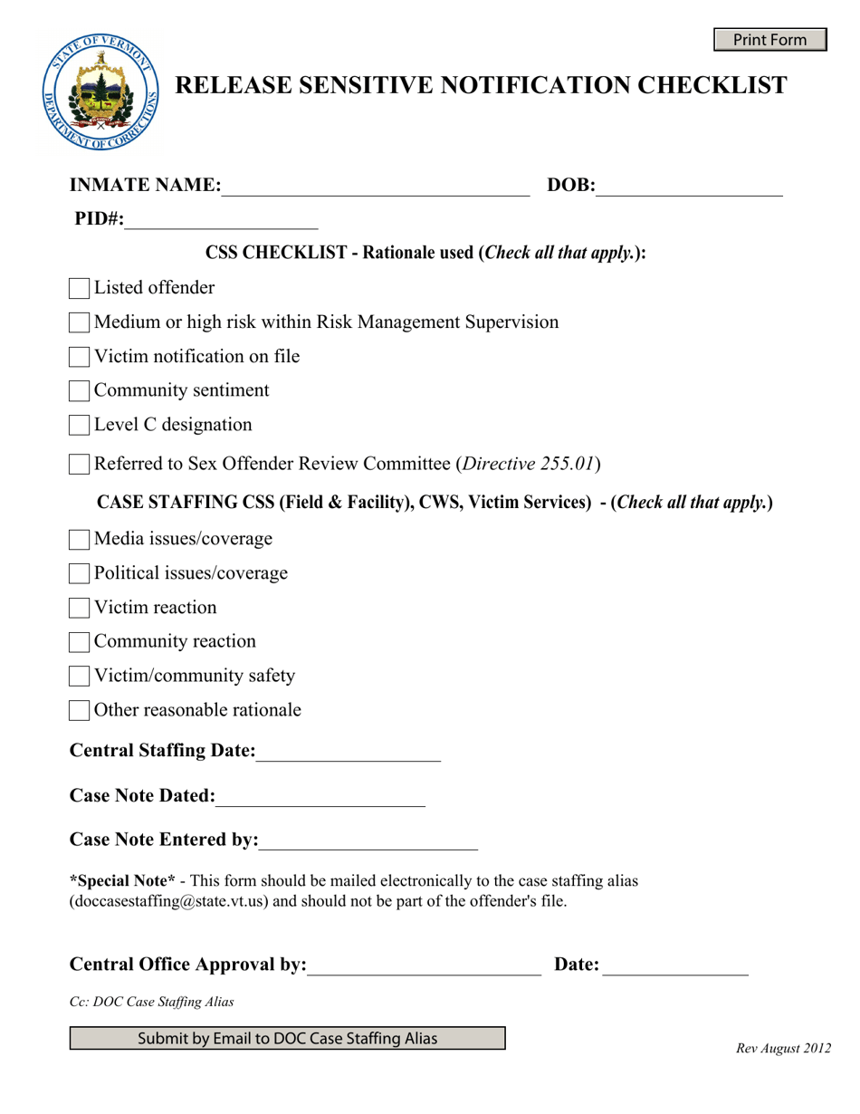 Vermont Release Sensitive Notification Checklist - Fill Out, Sign ...