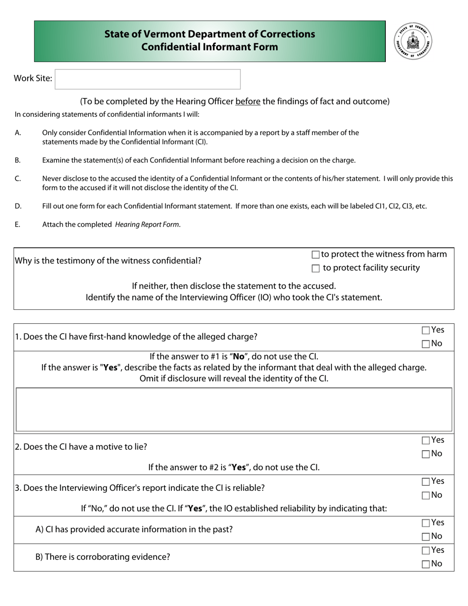 Vermont Confidential Informant Form - Fill Out, Sign Online and ...