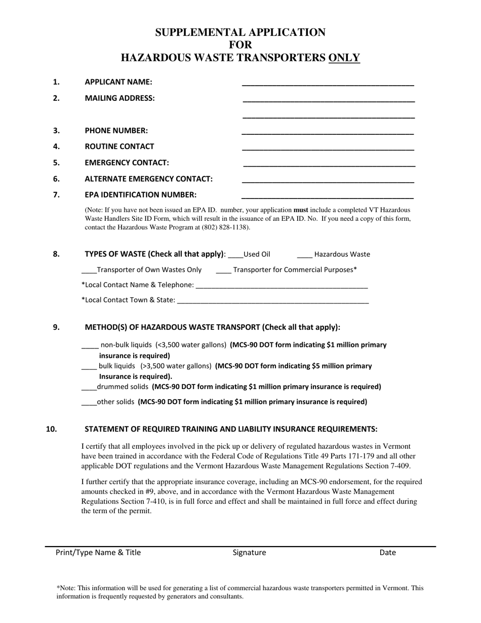 Vermont Supplemental Application for Hazardous Waste Transporters Only ...