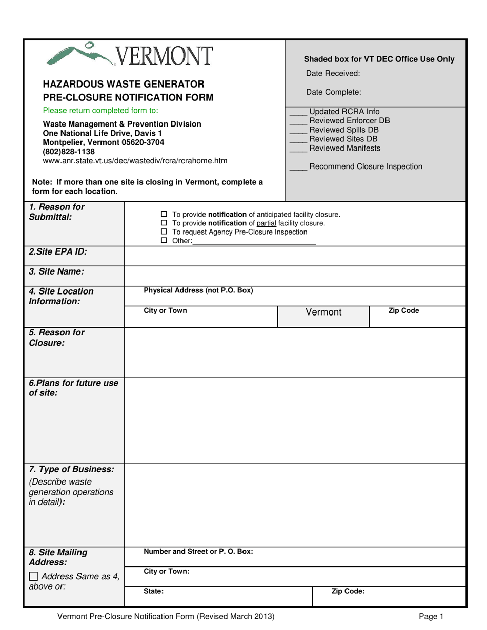 Vermont Hazardous Waste Generator Pre-closure Notification Form - Fill ...