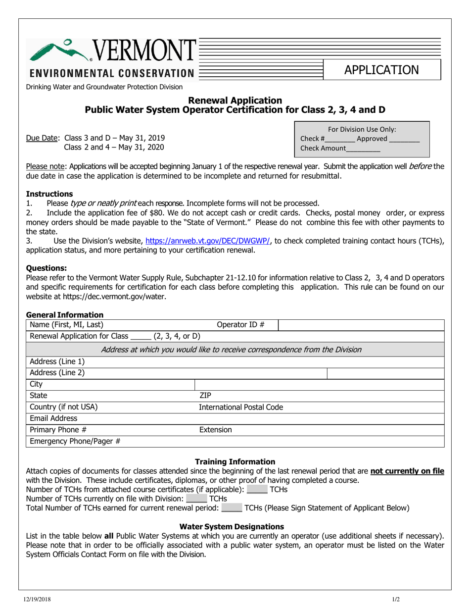 Vermont Renewal Application Public Water System Operator Certification for Class 2, 3, 4 and D ...