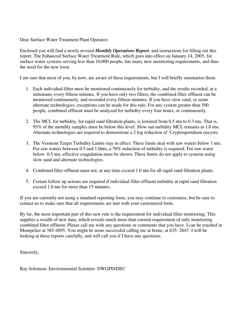 Vermont Instructions for Monthly Operations Report for Filtered Surface ...
