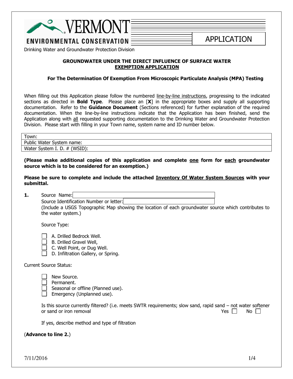 Vermont Groundwater Under the Direct Influence of Surface Water ...