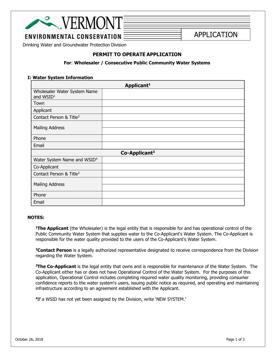 Vermont Permit to Operate Application for Wholesaler/Consecutive Public ...