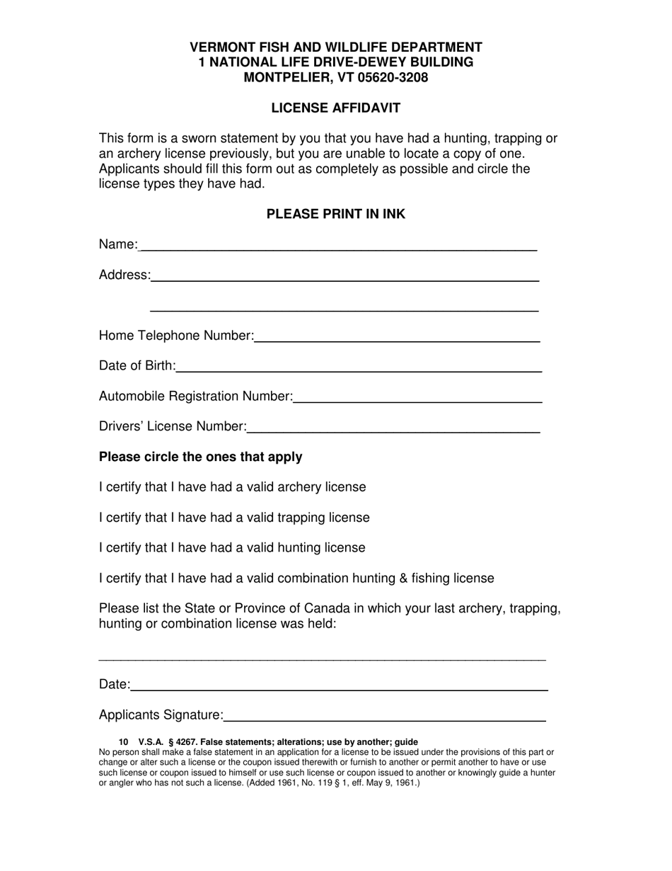 Vermont License Affidavit Form - Fill Out, Sign Online and Download PDF ...