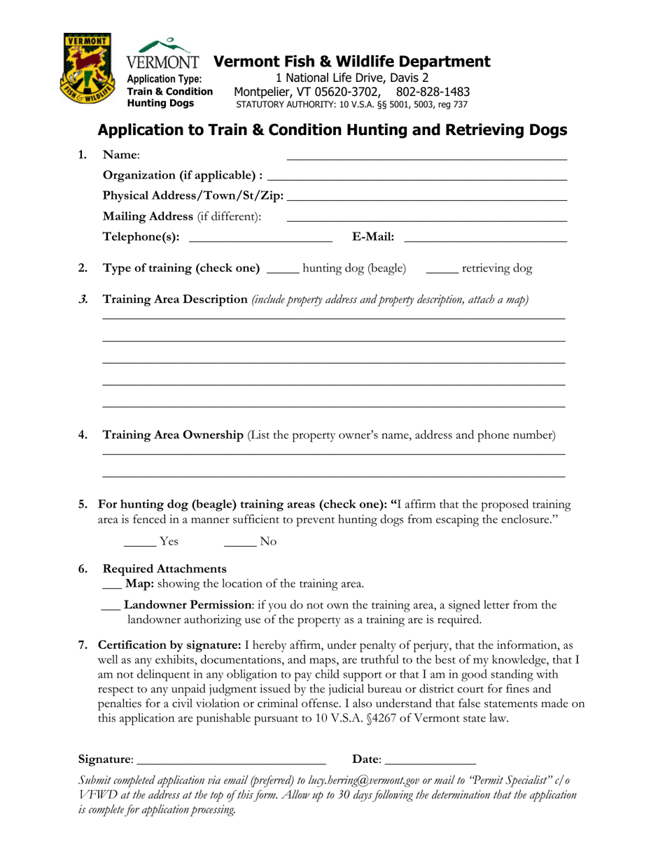 Vermont Application to Train & Condition Hunting and Retrieving Dogs ...