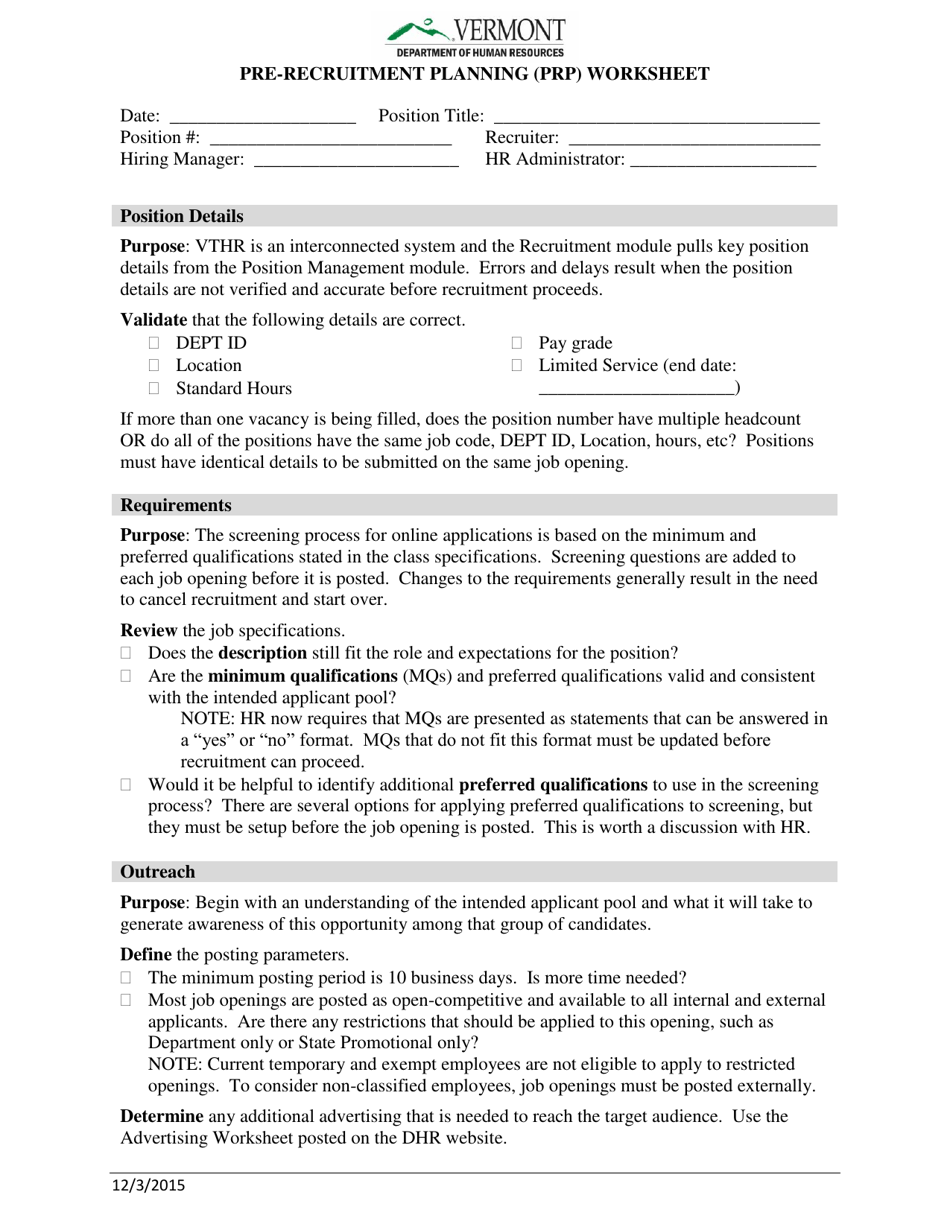 Vermont Pre-recruitment Planning (PRP) Worksheet - Fill Out, Sign ...