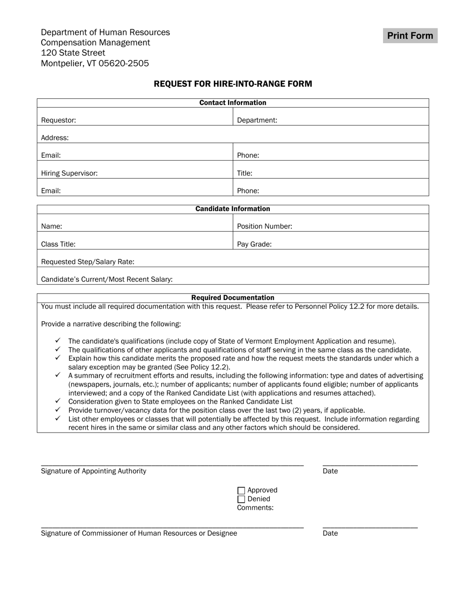 Vermont Request for Hire-Into-Range Form - Fill Out, Sign Online and ...