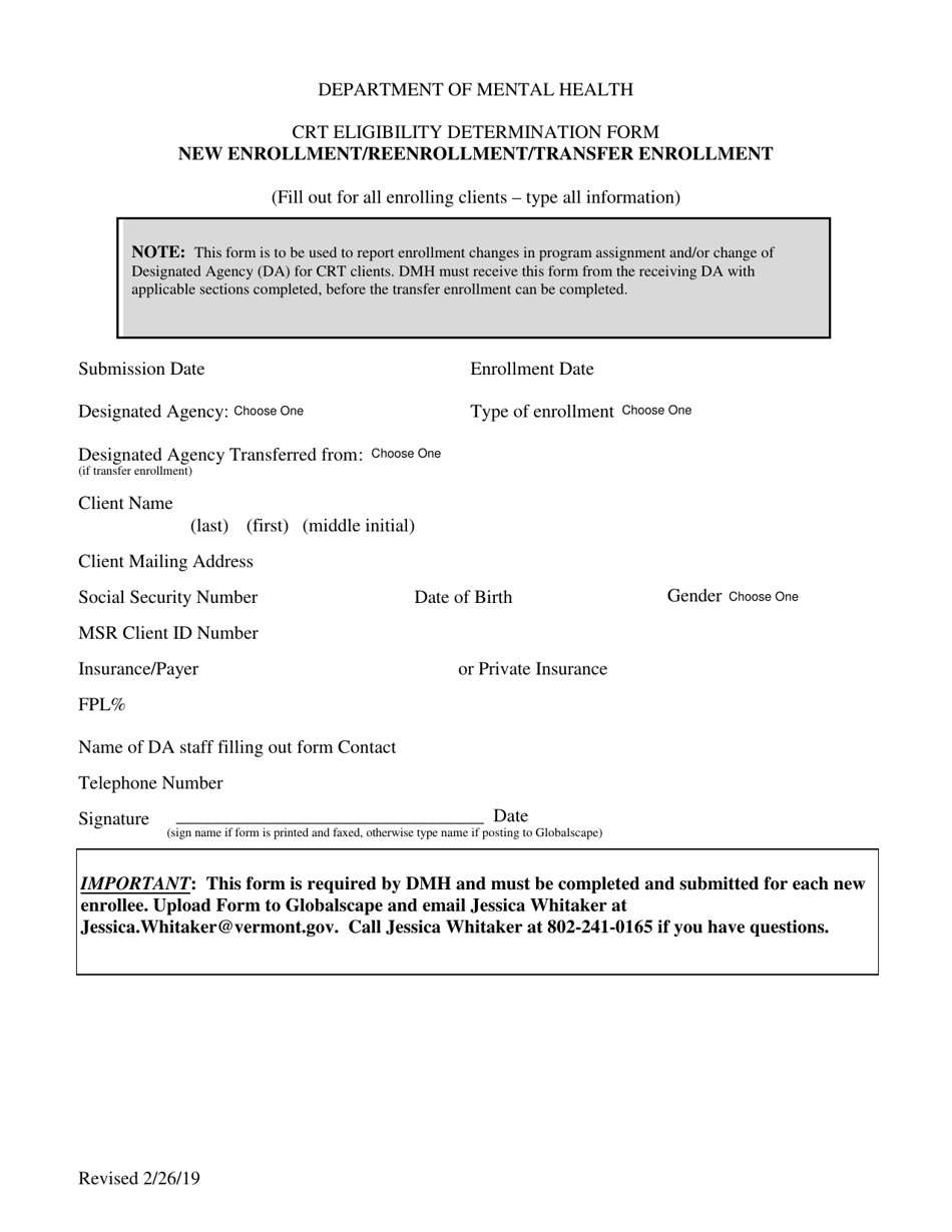 Vermont Crt Eligibility Determination Form - New Enrollment ...