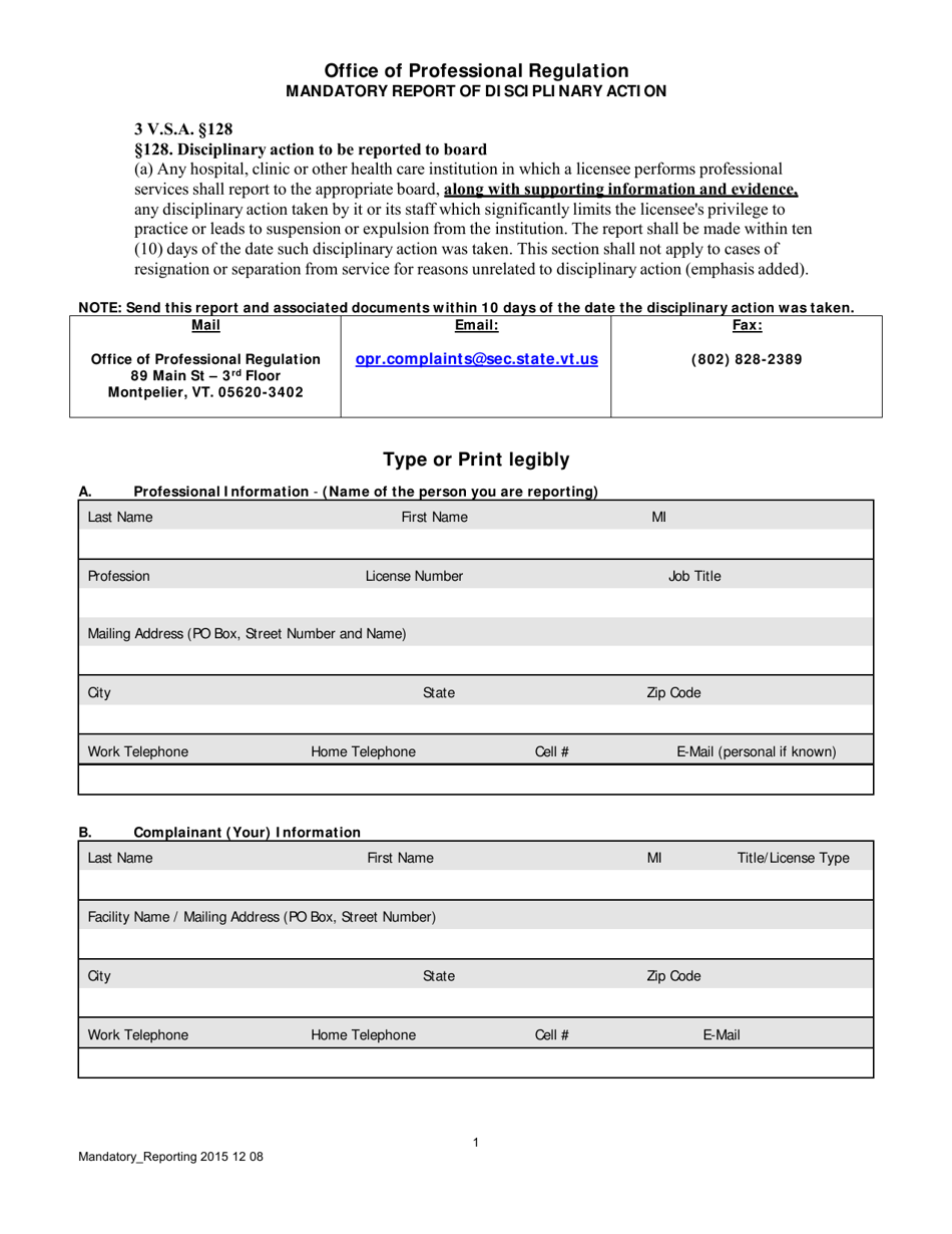 Vermont Mandatory Report of Disciplinary Action - Fill Out, Sign Online ...