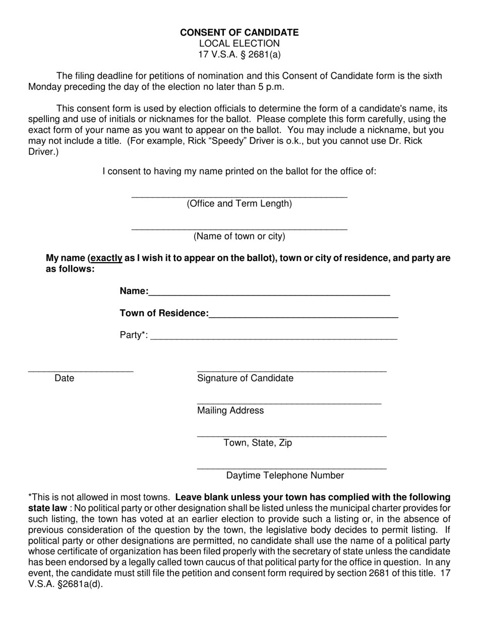 Vermont Consent of Candidate - Local Election - Fill Out, Sign Online ...