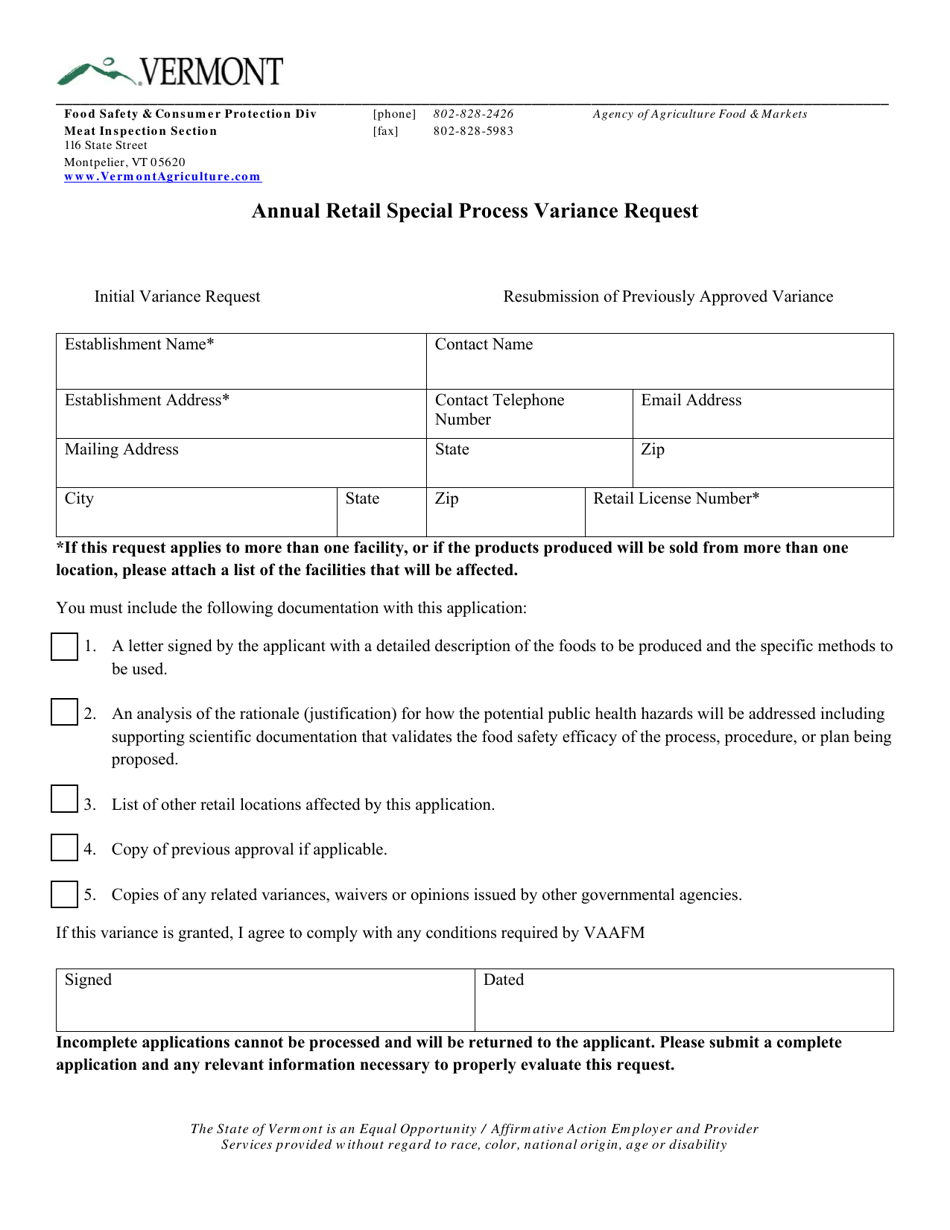 Vermont Annual Retail Special Process Variance Request Form - Fill Out ...