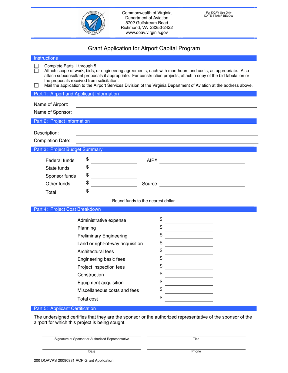 Virginia Grant Application for Airport Capital Program Download ...