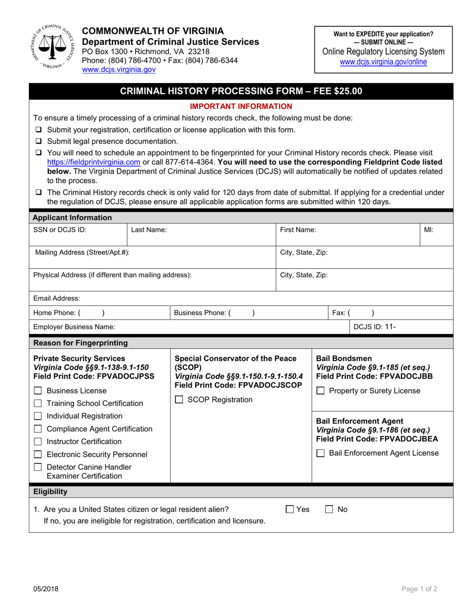 Virginia Criminal History Processing Form - Fill Out, Sign Online and ...