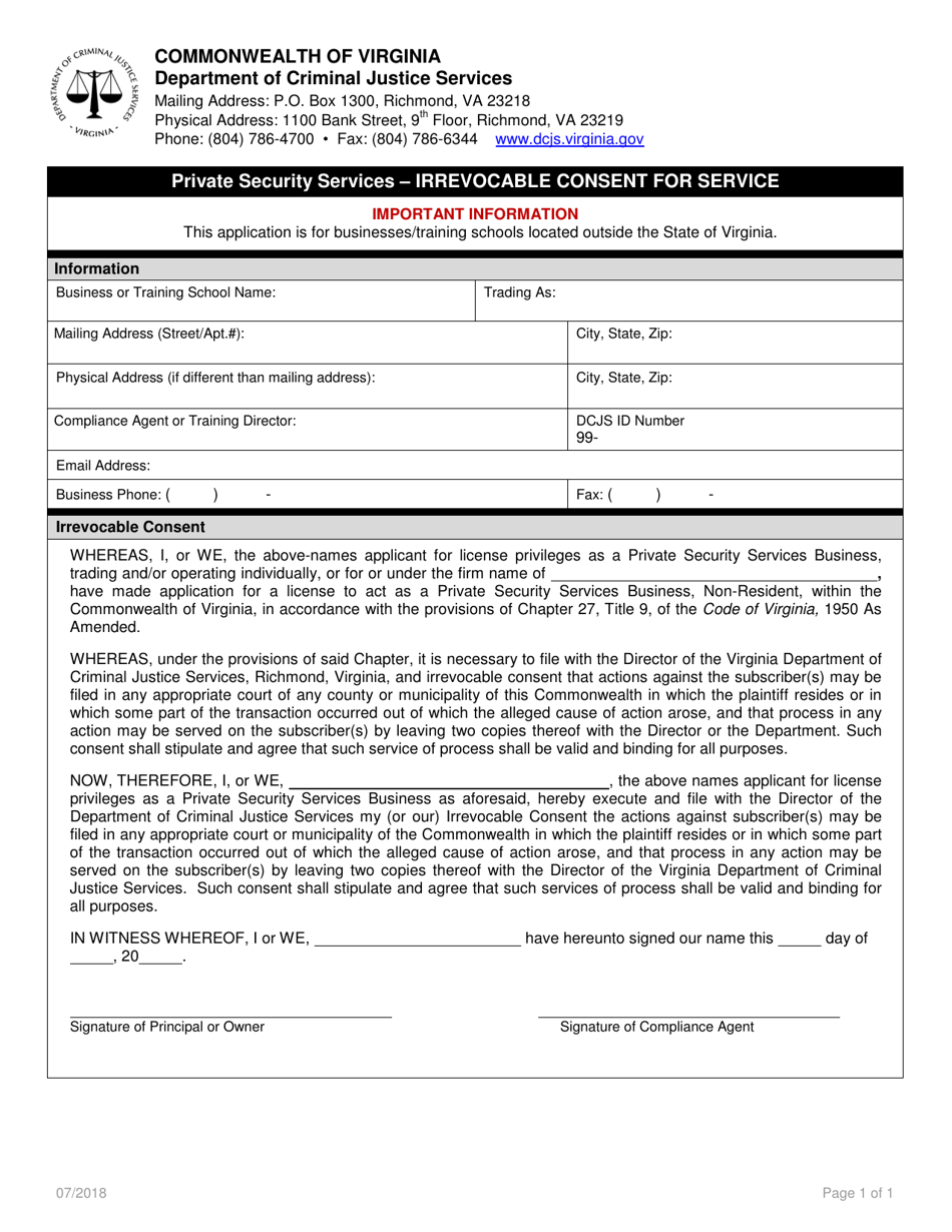 Virginia Irrevocable Consent for Service - Private Security Services ...