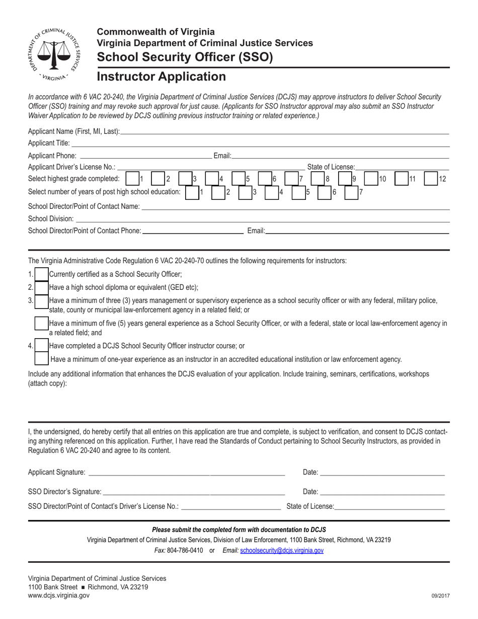 Virginia Instructor Application Form - School Security Officer (Sso ...