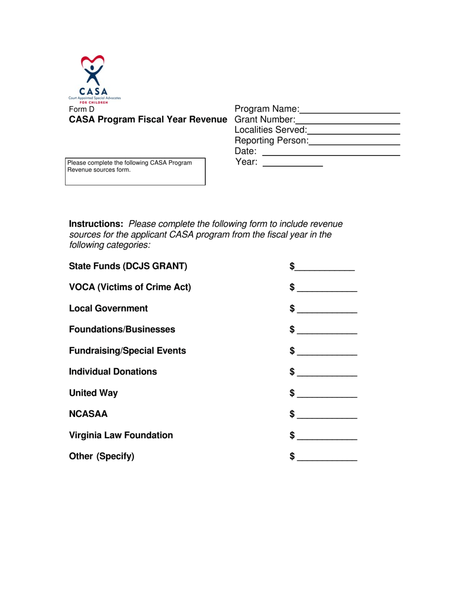 Form D Download Printable PDF or Fill Online Casa Program Fiscal Year ...