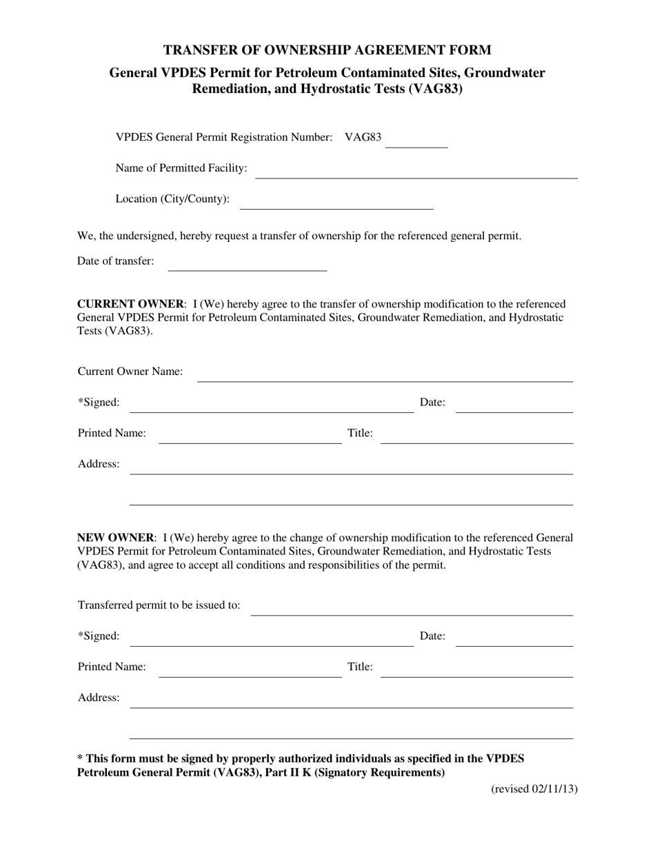 Virginia Transfer of Ownership Agreement Form - General Vpdes Permit ...