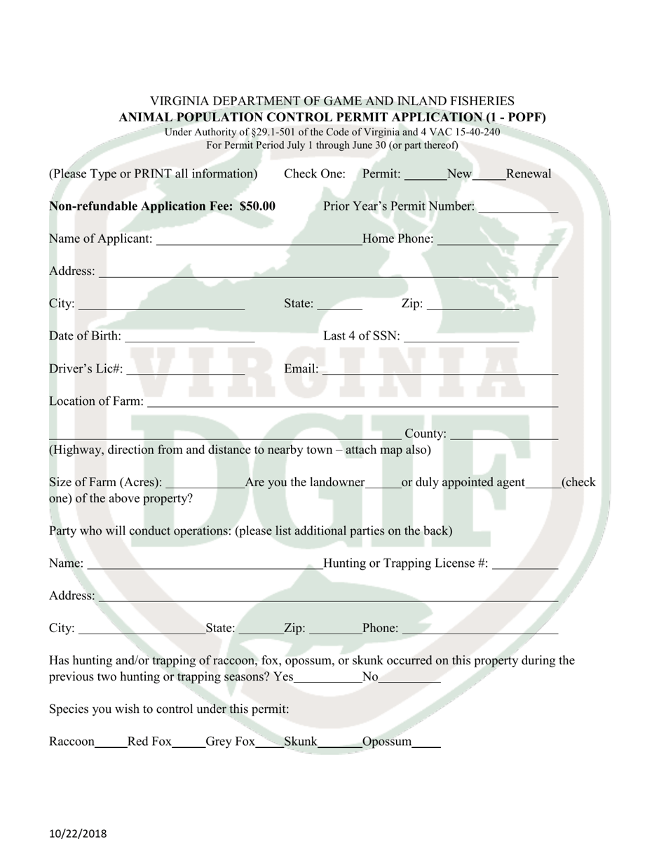 Virginia Animal Population Control Permit Application Form (1 - Popf ...