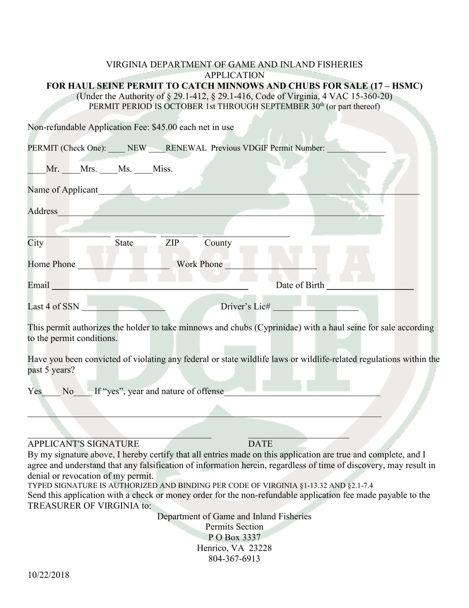 Virginia Application for Haul Seine Permit to Catch Minnows and Chubs ...