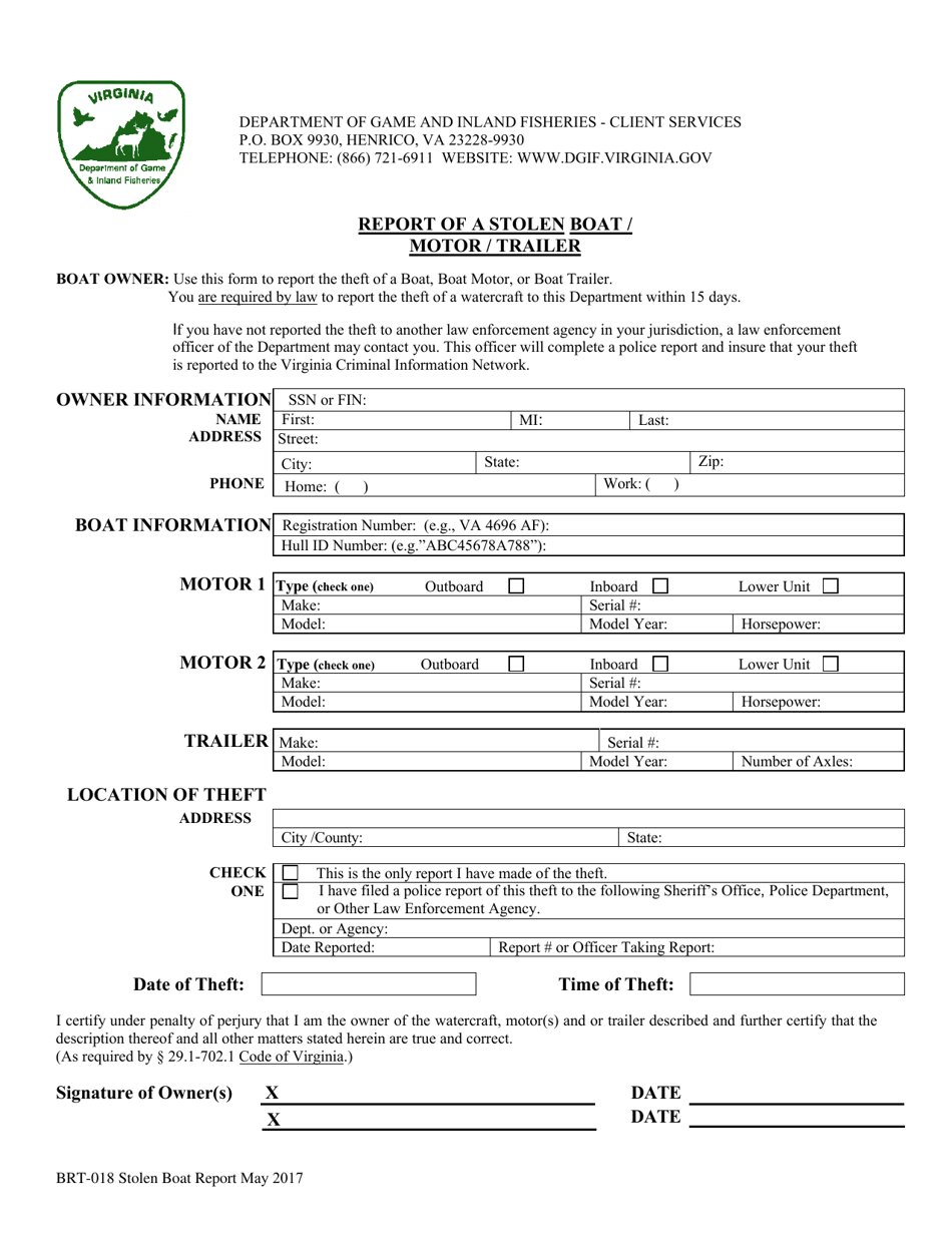 Form BRT-018 - Fill Out, Sign Online and Download Printable PDF ...