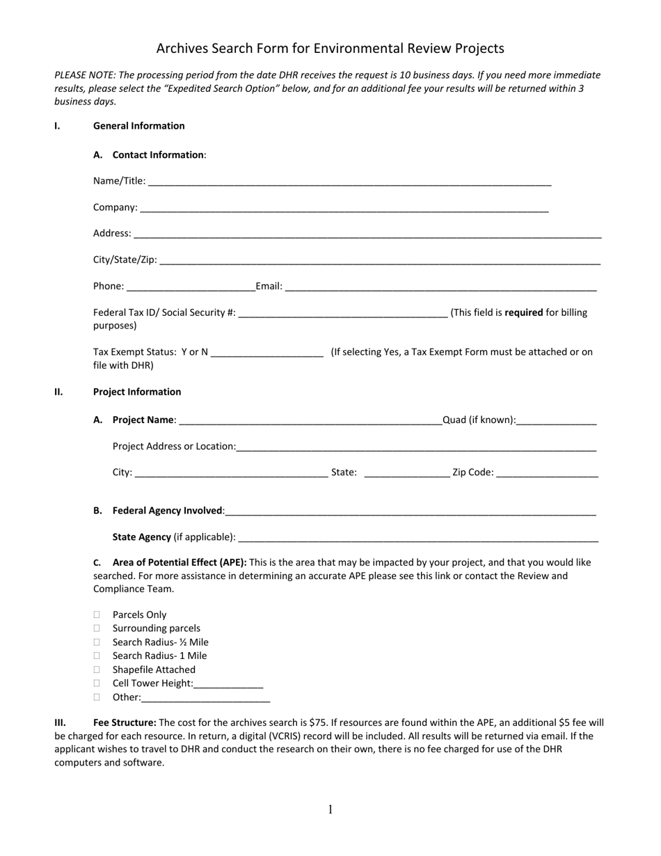 Virginia Archives Search Form for Environmental Review Projects - Fill ...