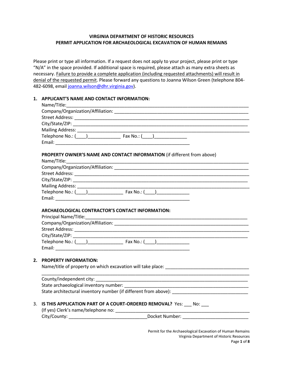 Virginia Permit Application for Archaeological Excavation of Human ...