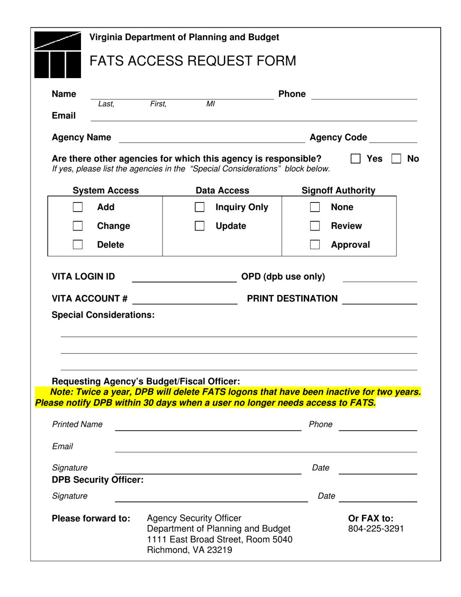 Virginia Fats Access Request Form Download Printable PDF | Templateroller