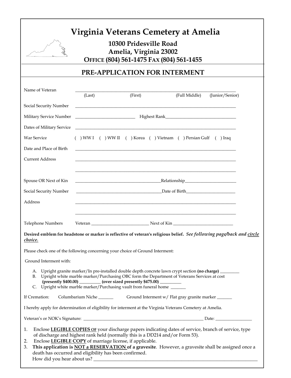 Virginia Virginia Veterans Cemetery, Amelia, Pre-application for Interment - Fill Out, Sign ...