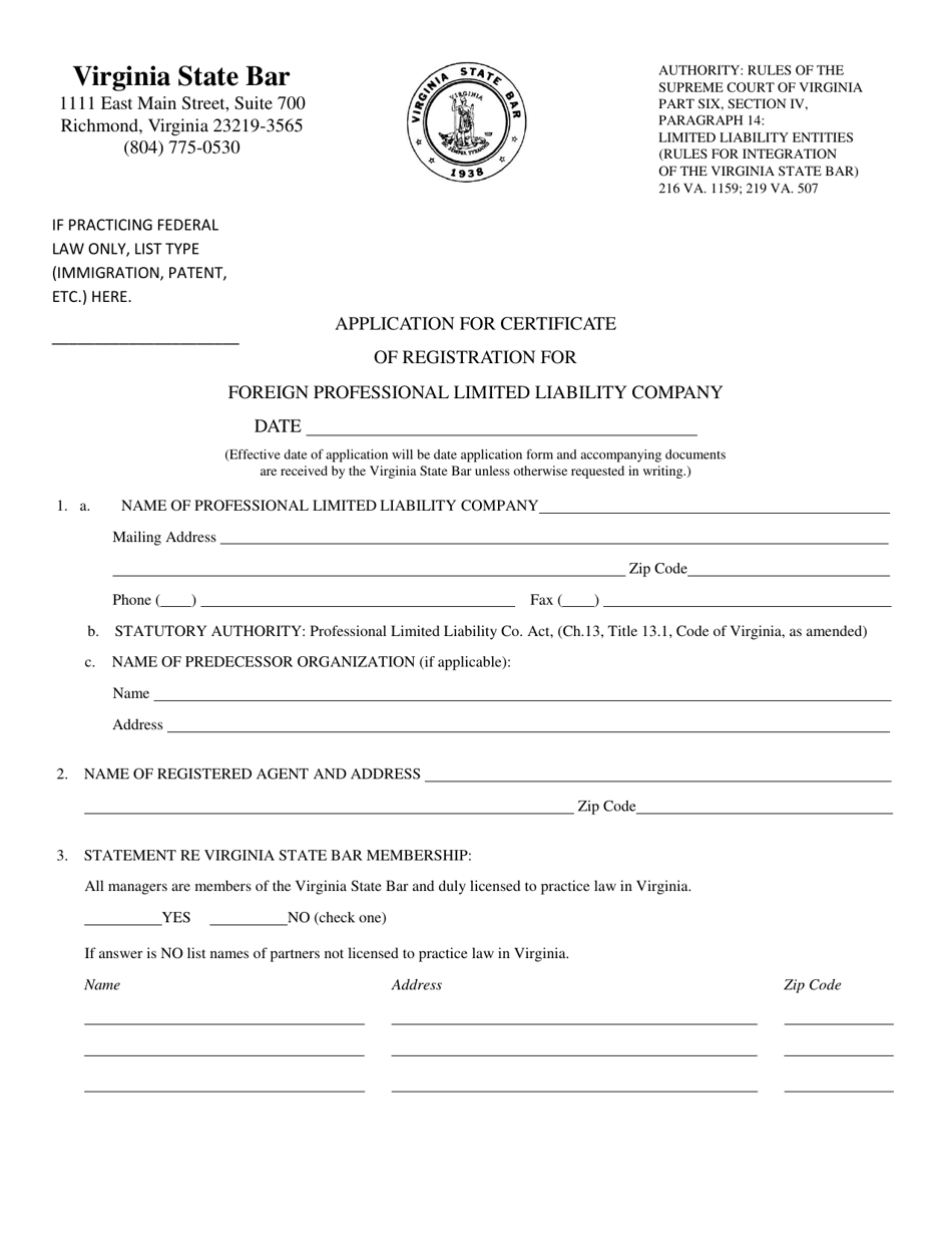 Virginia Application for Certificate of Registration for Foreign ...