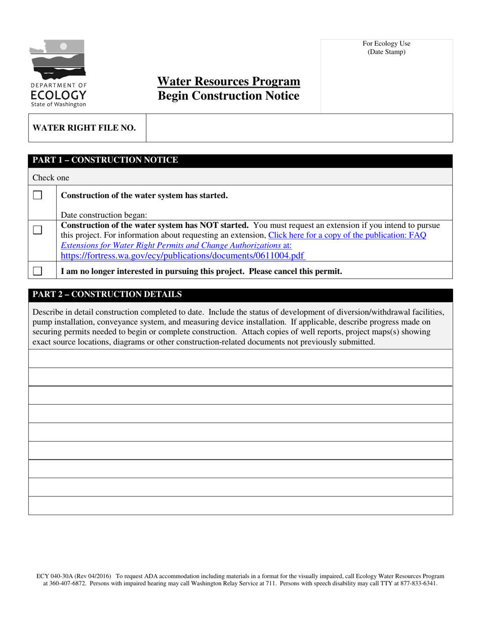 Form ECY040-30A - Fill Out, Sign Online and Download Printable PDF ...