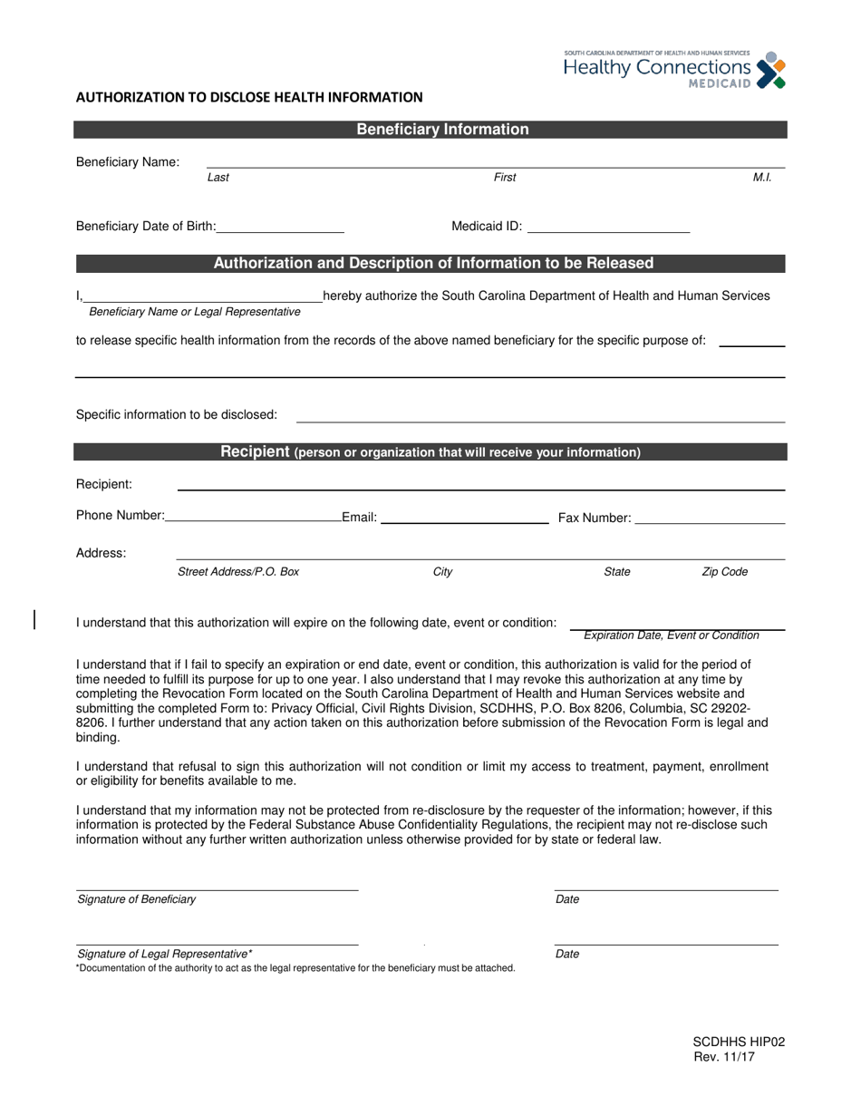 South Carolina Authorization to Disclose Health Information - Fill Out ...