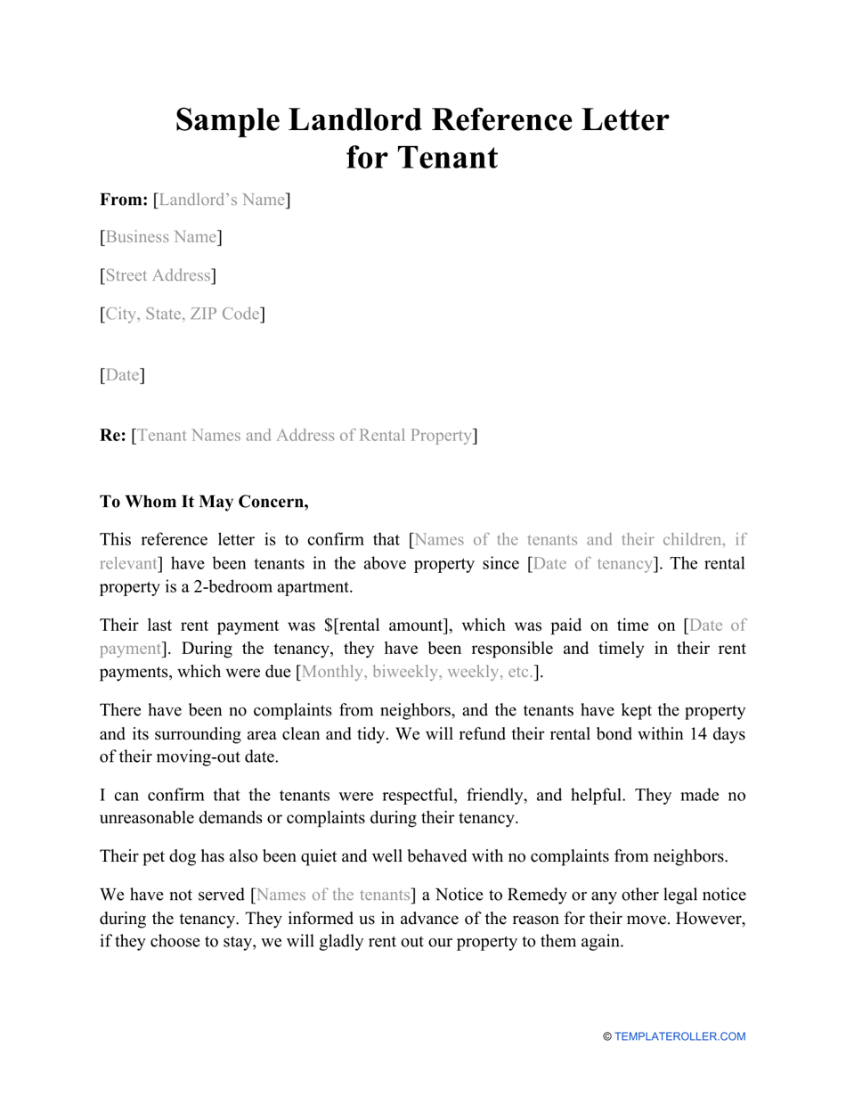 Sample Landlord Reference Letter For Tenant Download Printable PDF 