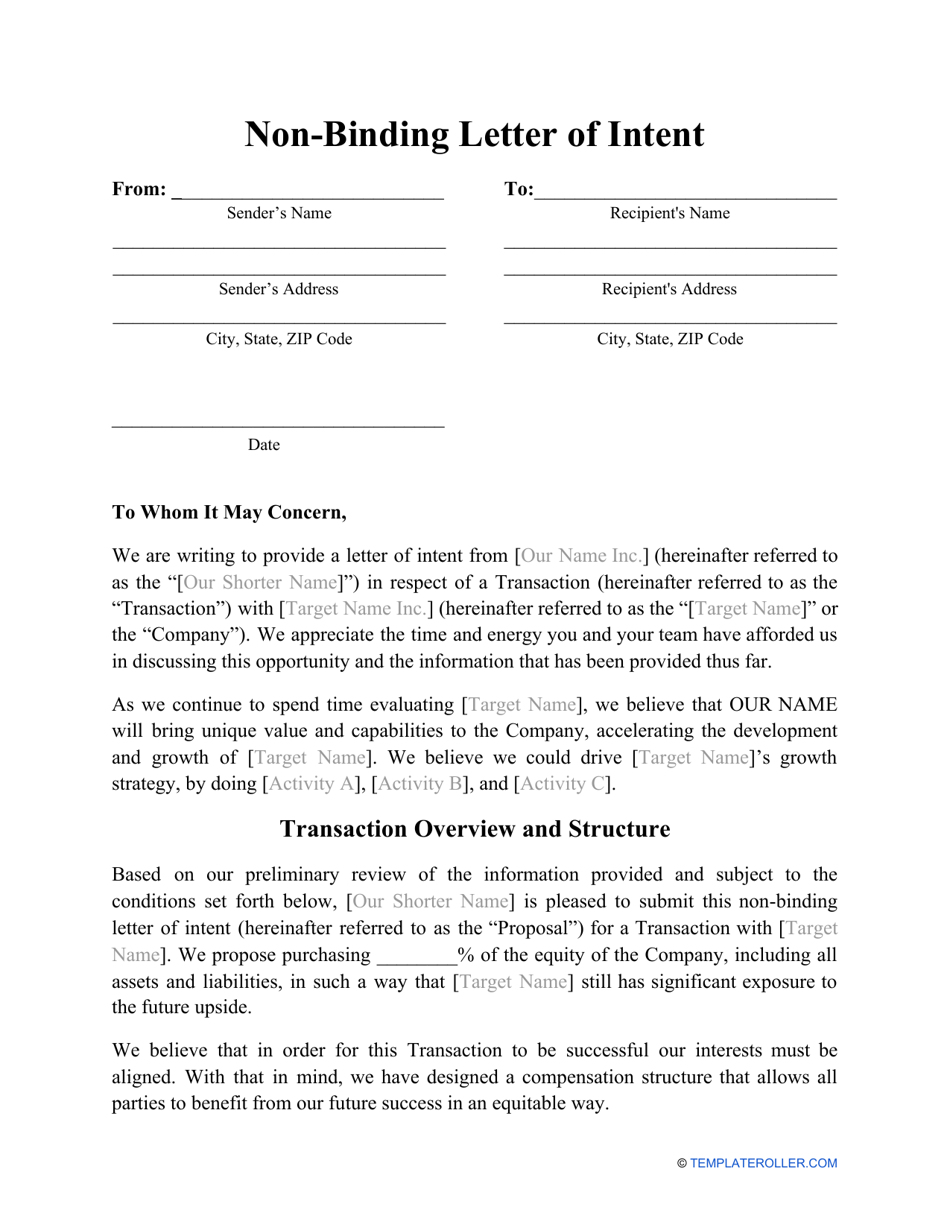 Non binding Letter Of Intent Template Download Printable PDF