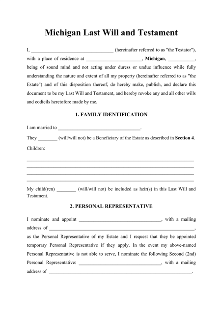 Michigan Last Will And Testament Template Download Printable PDF 