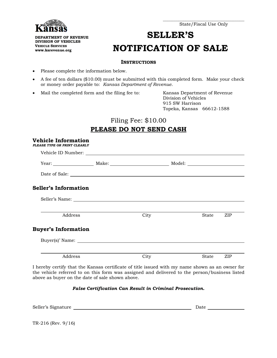 Form TR-216 - Fill Out, Sign Online and Download Fillable PDF, Kansas ...
