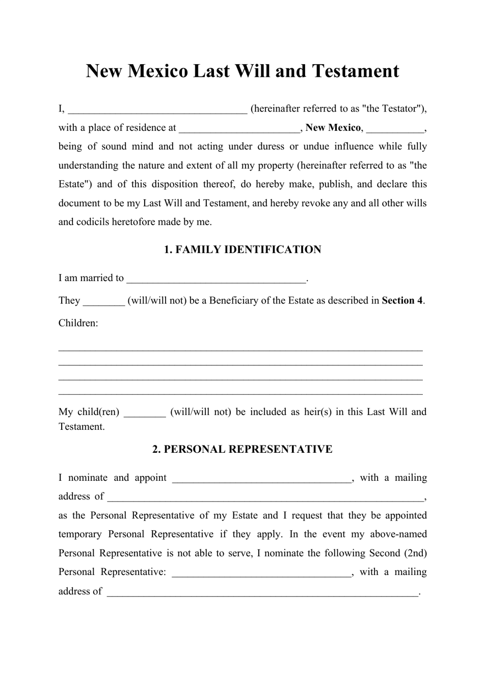 New Mexico Last Will And Testament Template Download Printable PDF 