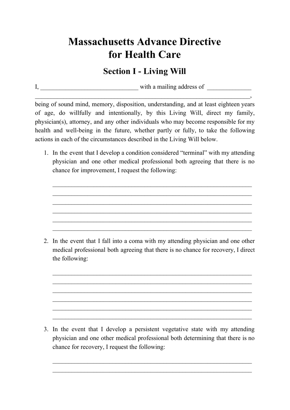 Massachusetts Advance Directive for Health Care Form - Fill Out, Sign ...