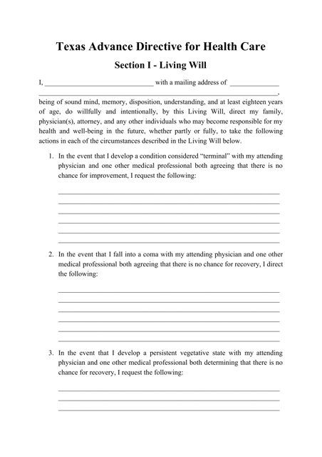 Texas Advance Directive For Health Care Form Download Printable PDF 