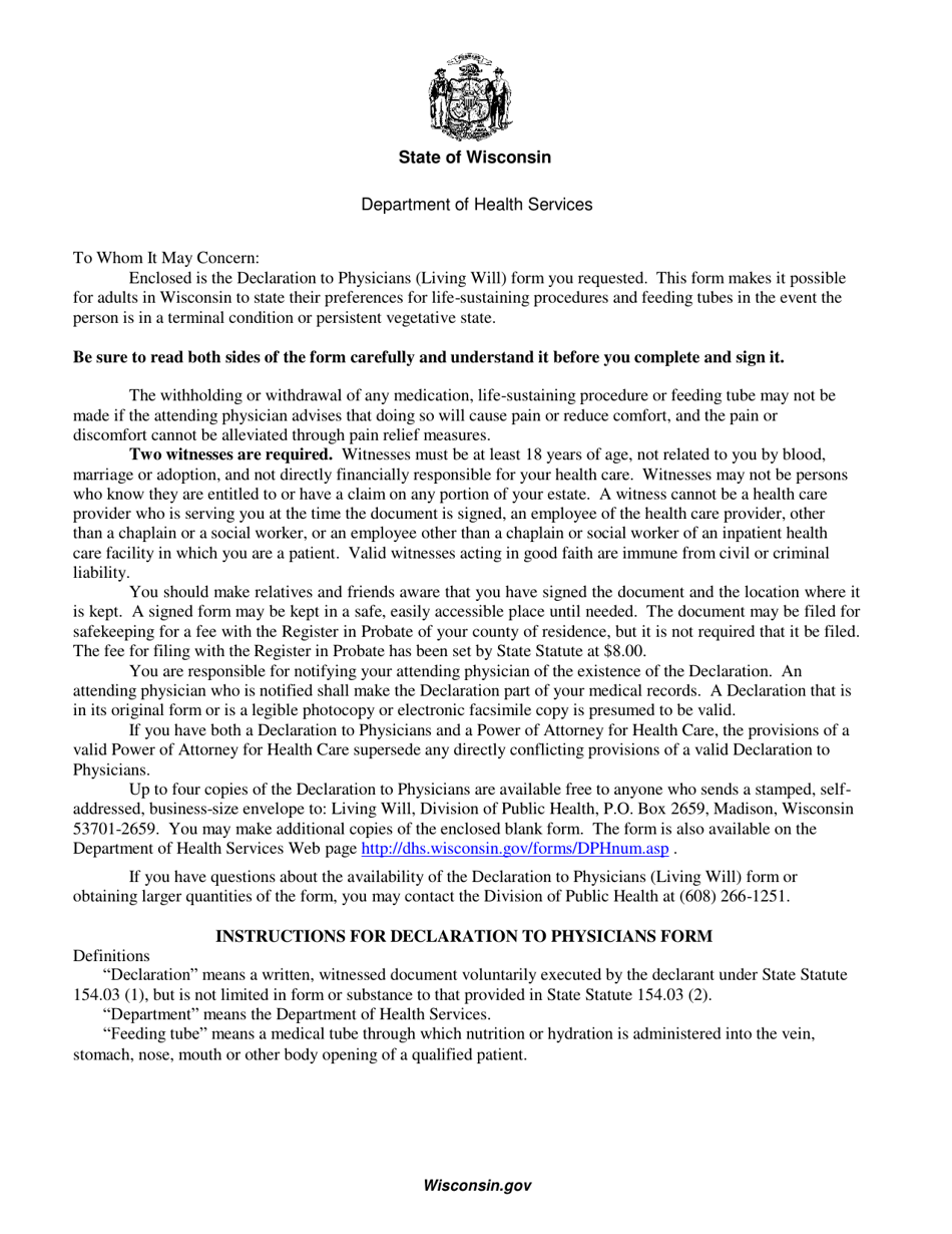 Wisconsin Declaration to Physicians (Wisconsin Living Will Form) - Fill ...