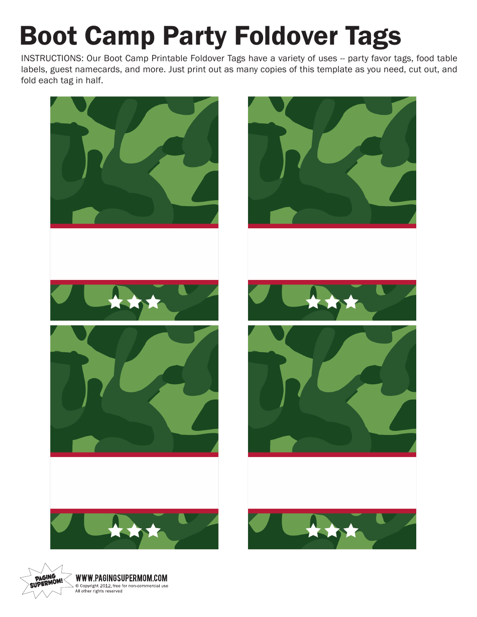 Boot Camp Party Foldover Tag Templates - Paging Supermom Download ...